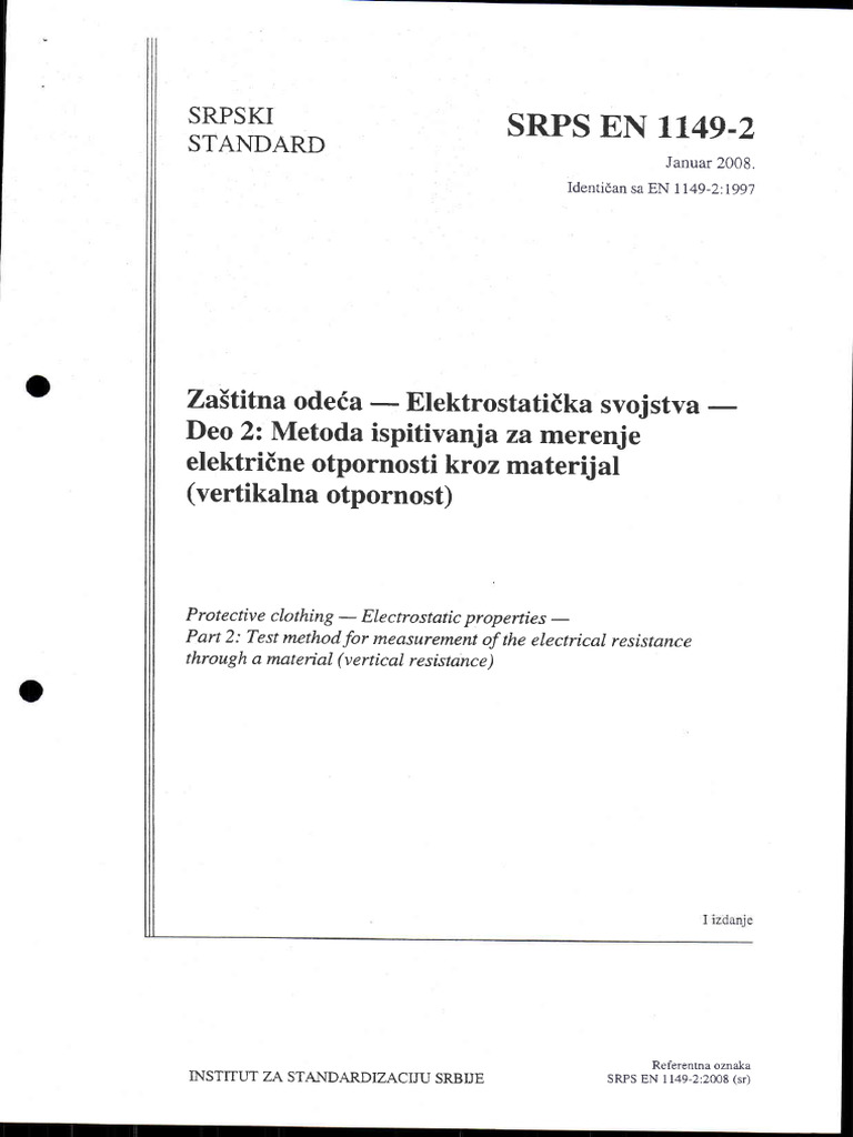 SRPS en 1149-2 2008 - Zastitna Odeca - Elektrostat Svojstva - Deo2 - Metode Ispit Za Merenje El ...