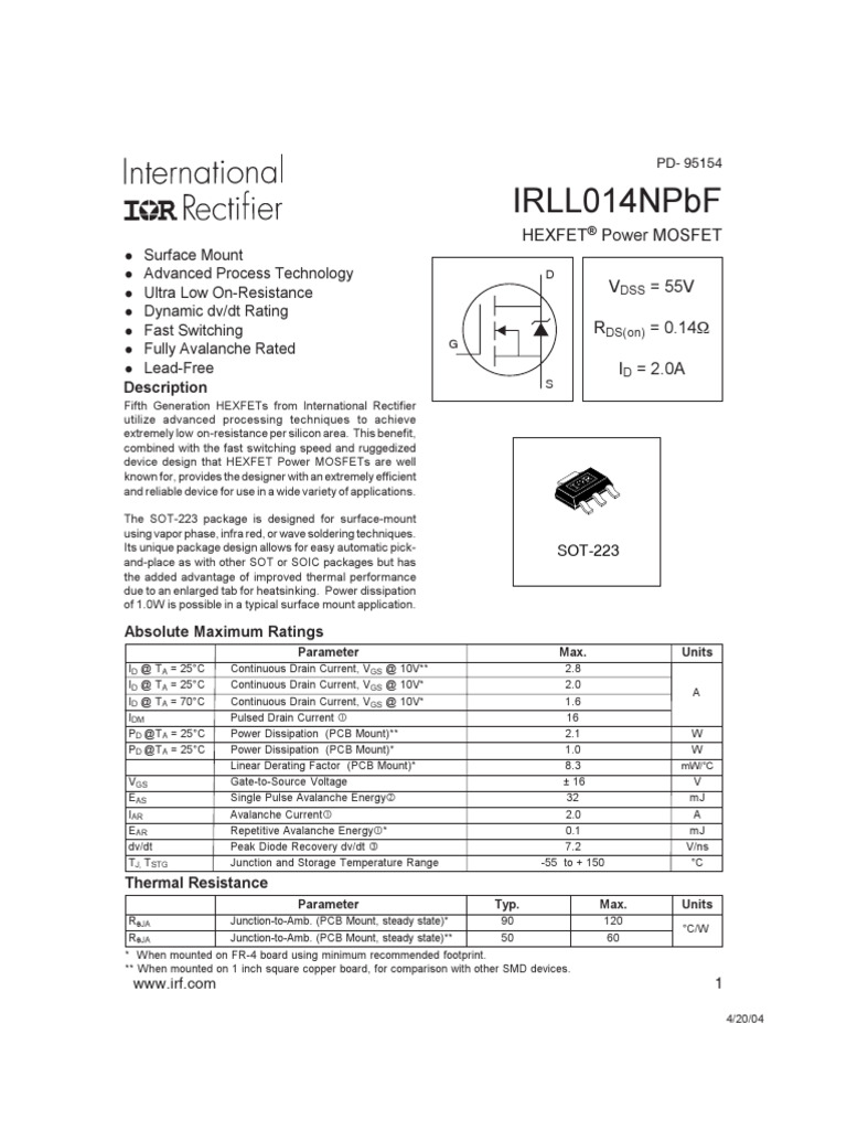 IRLL014N Infineon | PDF | Field Effect Transistor | Printed Circuit Board