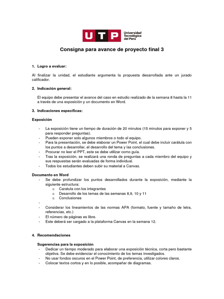 Semana 11 - PDF - Consigna Avance Proyecto Final 3 | PDF | Rúbrica (Académica)