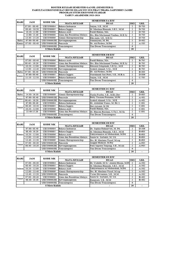 Roster Tempel Esy Ganjil Febi 2023-2024-1 | PDF