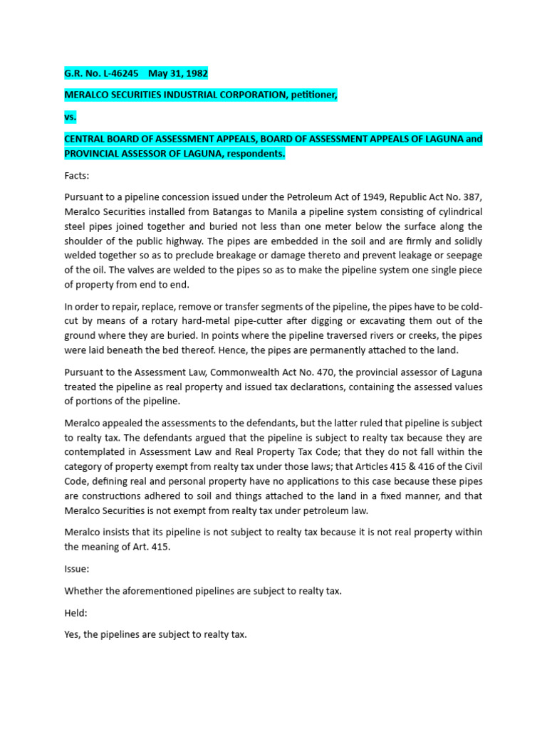 Meralco Securities v. Board of Assessment Appeals, 114 SCRA 273 | PDF | Real Property | Taxes