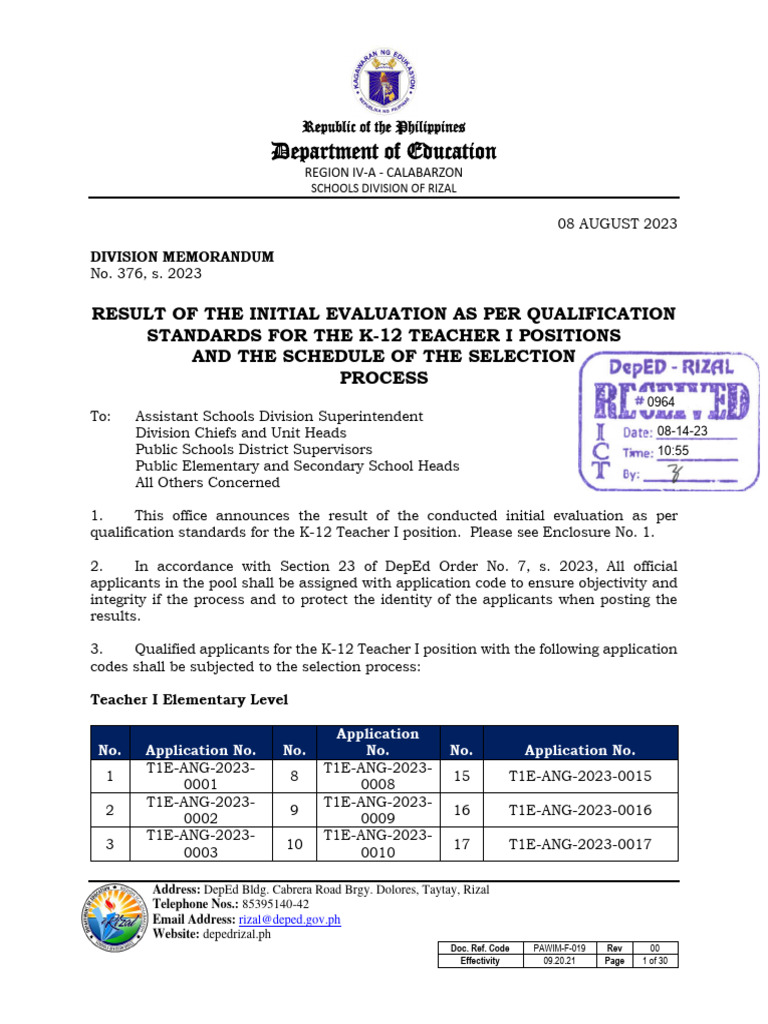 Division Memorandum No. 376, S. 2023 | PDF