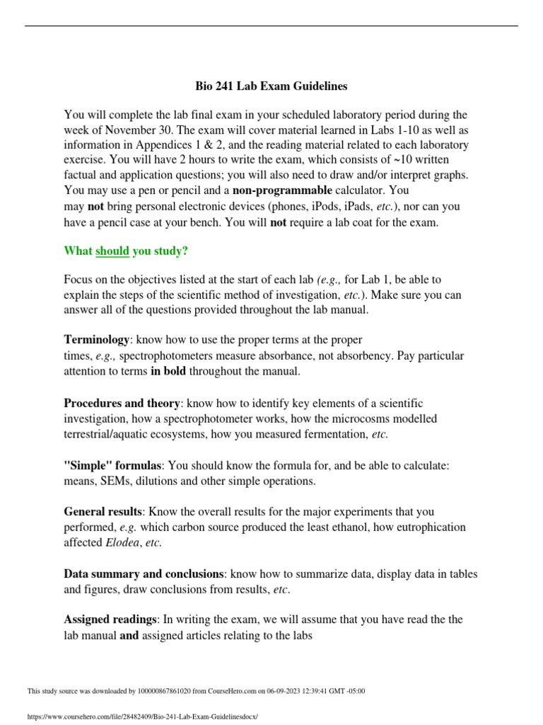 Bio 241 Lab Exam Guidelines | PDF | Absorbance | Laboratories