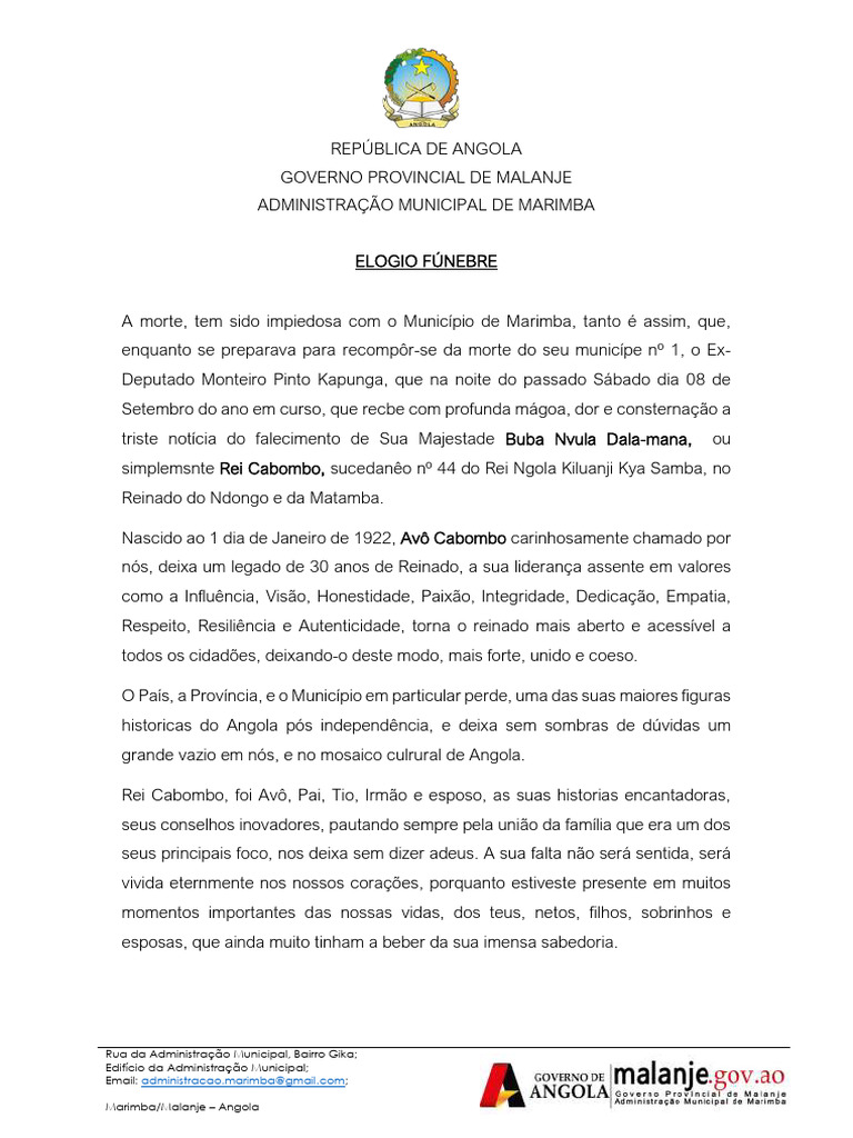 Elogio Fúnebre - Rei Cabombo | PDF