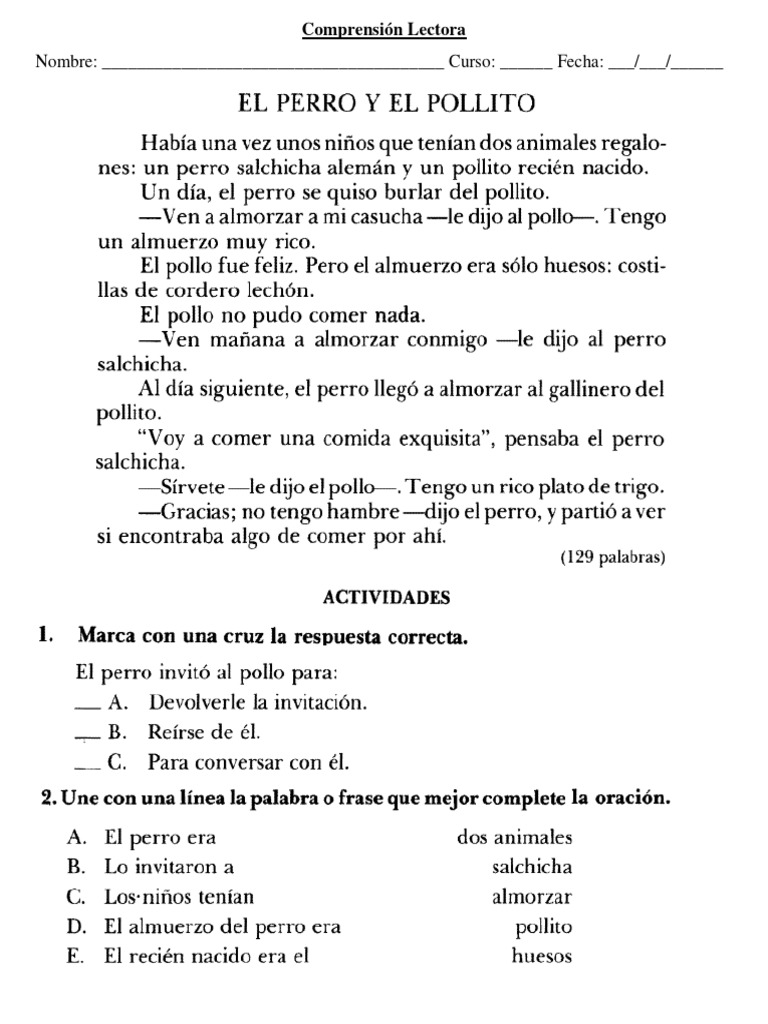 Comprensión Lectora - El Perro y El Pollito | PDF