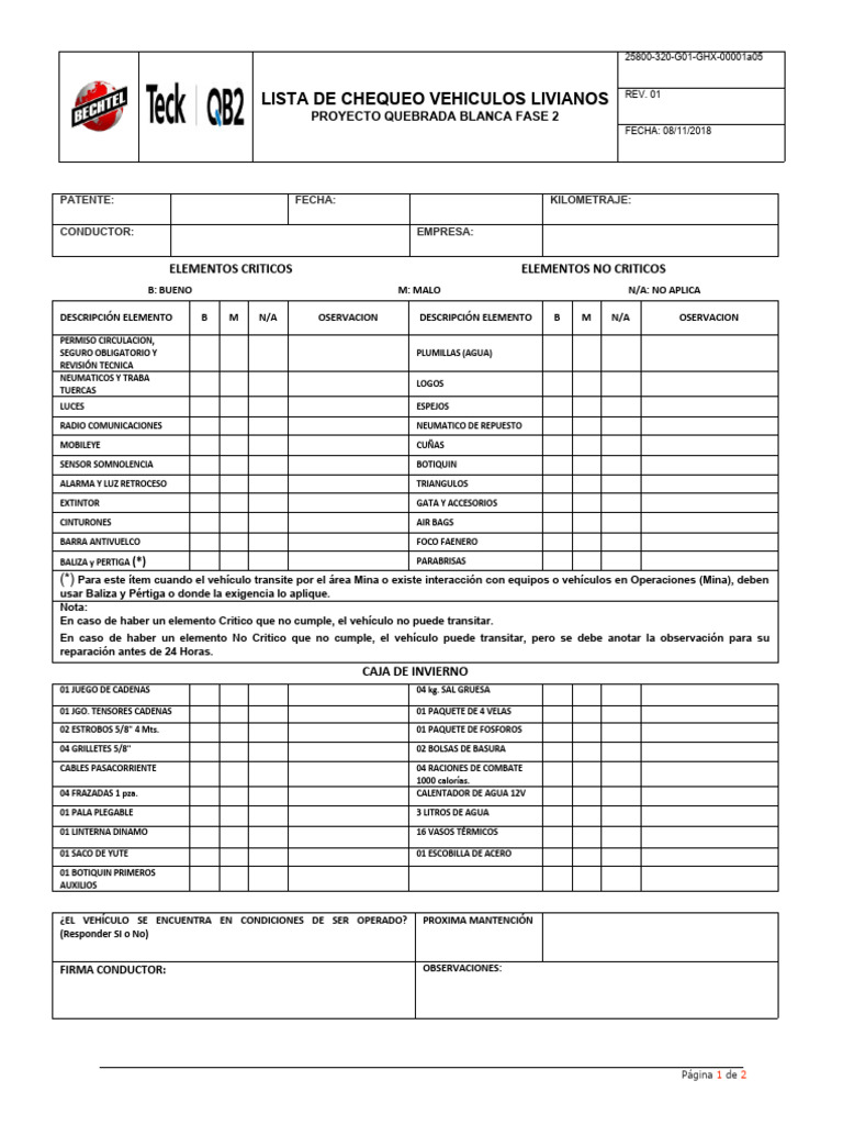 Checklist - Camioneta (Bechtel) | Descargar gratis PDF | Transporte ...