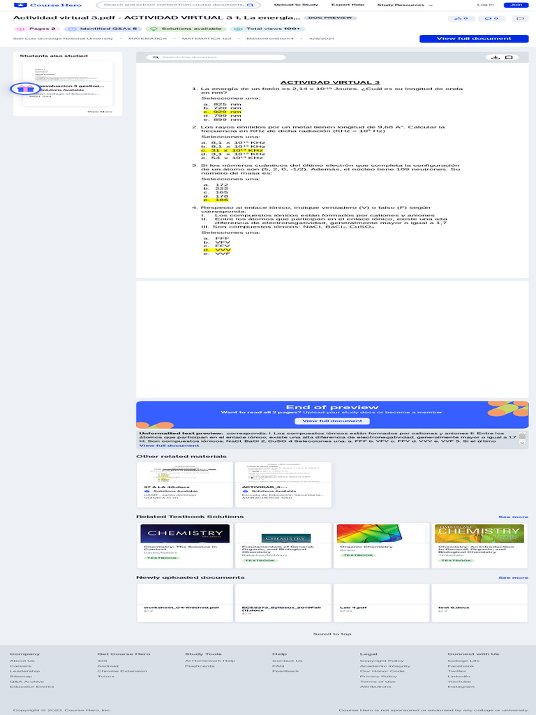 Actividad Virtual 3.PDF - ACTIVIDAD VIRTUAL 3 1. La Energía de Un Fotón Es 2 14 x 10 -19 Joules ...