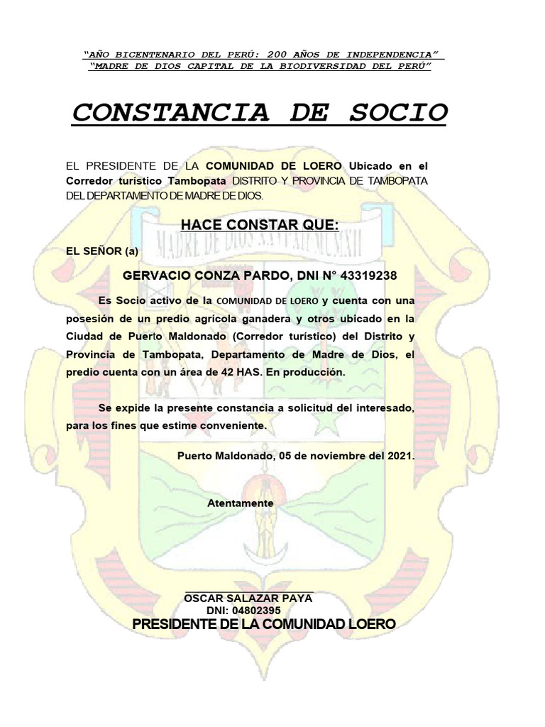 Constancia de Socio y Posesion | PDF | Perú | América del Sur