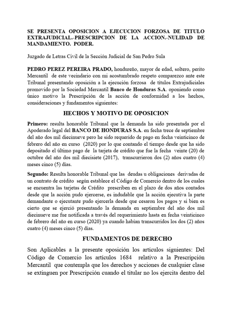 Escrito de Oposicion A La Ejecucion Forzosa de Titulo Extrajudicial ... Escrito de Oposicion A La Ejecucion Forzosa de Titulo Extrajudicial ...