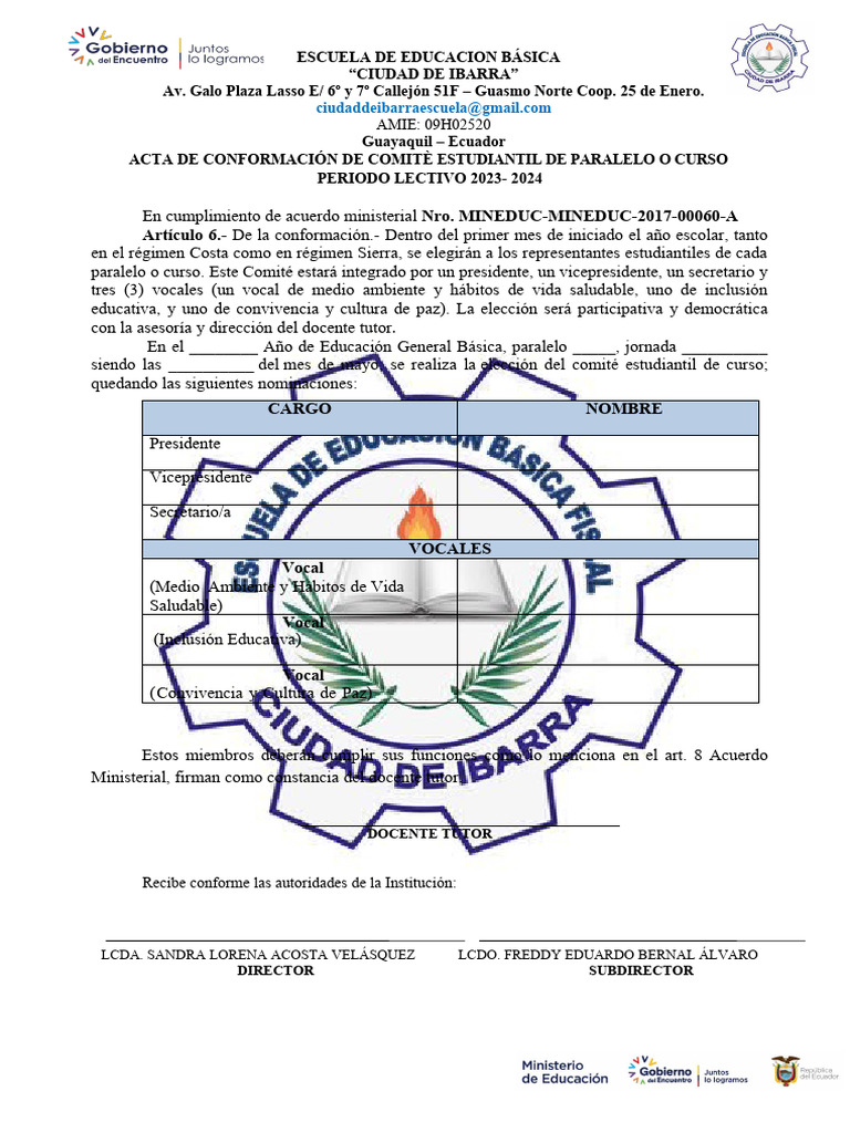 Acta de Conformación de Comite Estudiantil de Paralelo o Curso 2023 ...