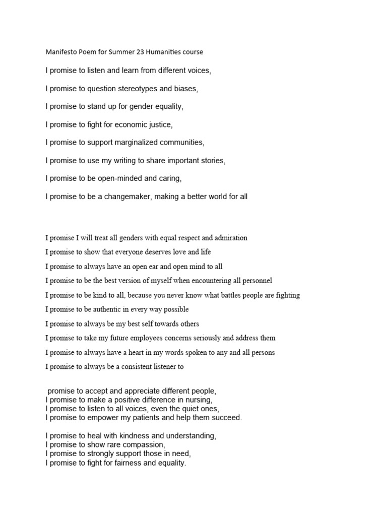 Manifesto Poem For Summer 23 Humanities Course | PDF