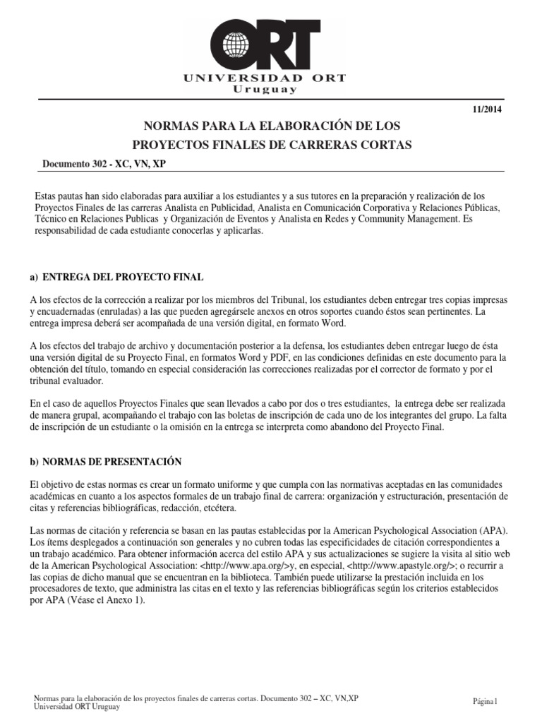 Normas para La Elaboracion de Los Proyectos Finales de Careras Cortas - Documento 302 | PDF