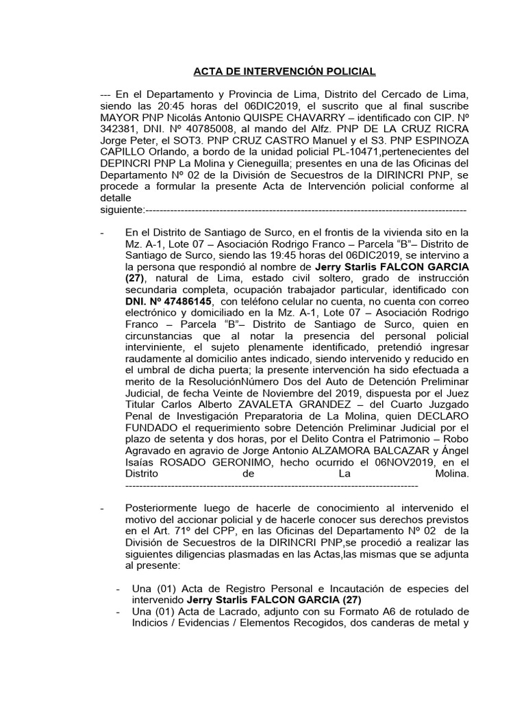 Acta de Intervención Policial Por Medida Judicial | PDF | Crímenes | Crimen y violencia