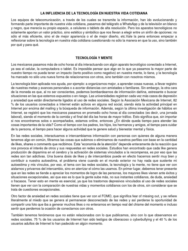 Actividad 4 La Influencia de La Tecnología en Nuestra Vida Cotidiana | PDF