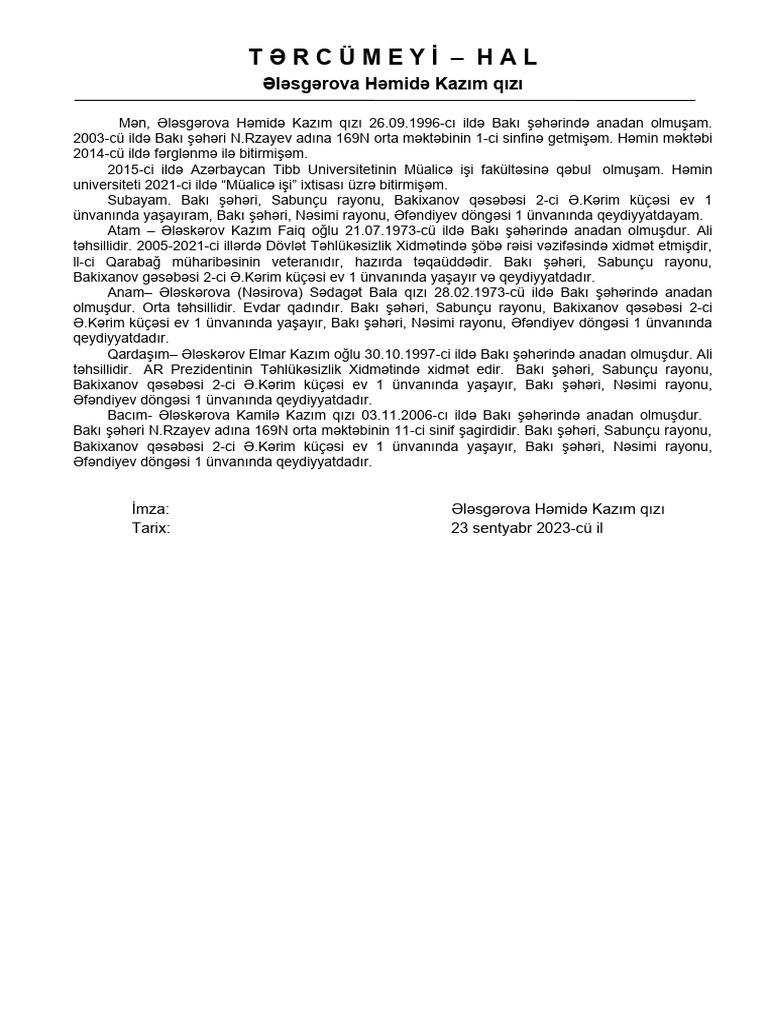 Tərcümeyi - Hal: Ələsgərova Həmidə Kazım Qızı | PDF