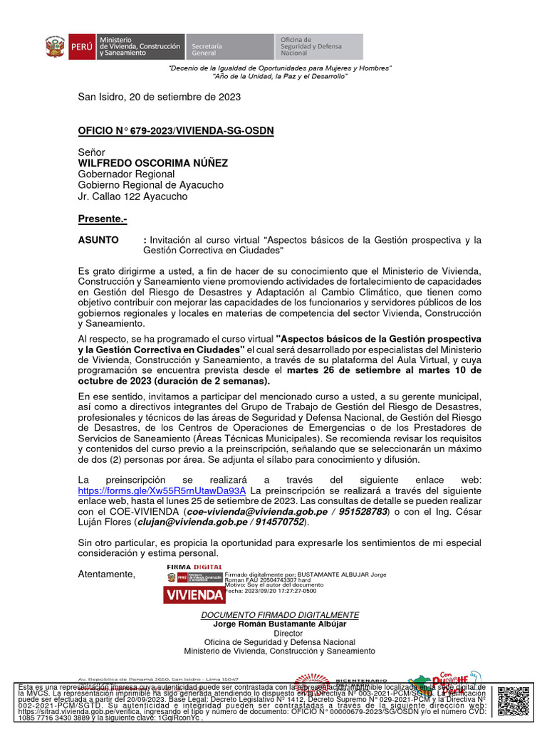 Ayacucho - Oficio #679-2023-VIVIENDA-SG-OSDN A GGRR - Invitación A ...