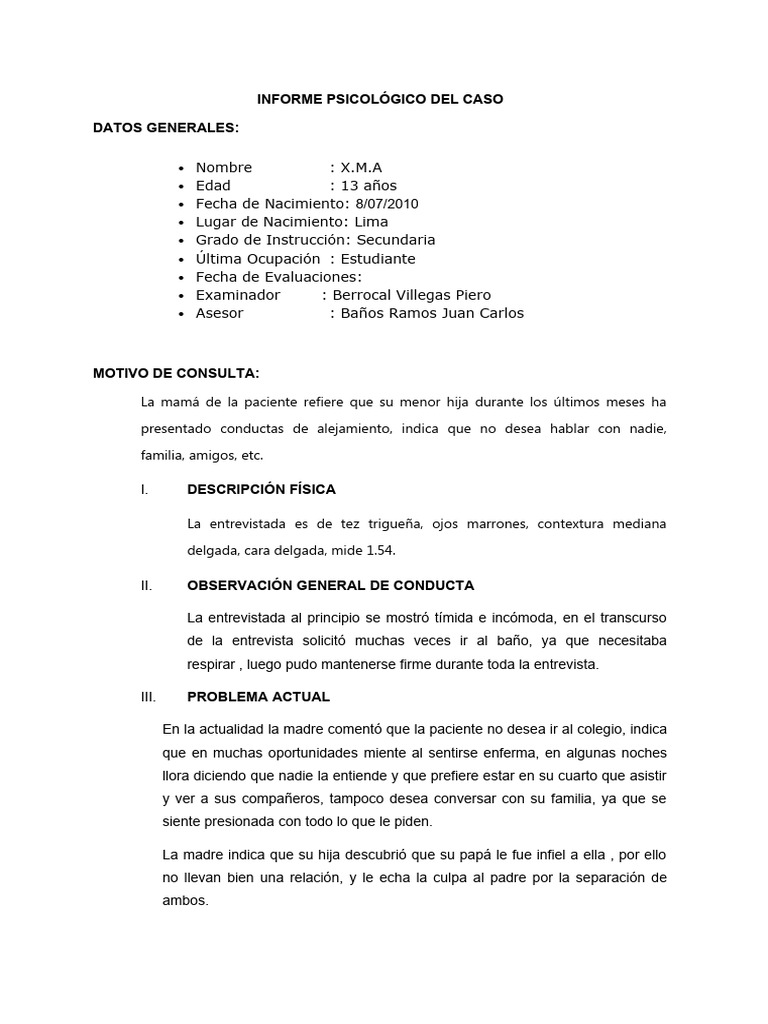 Informe Psicológico Del Caso Datos Generales | PDF
