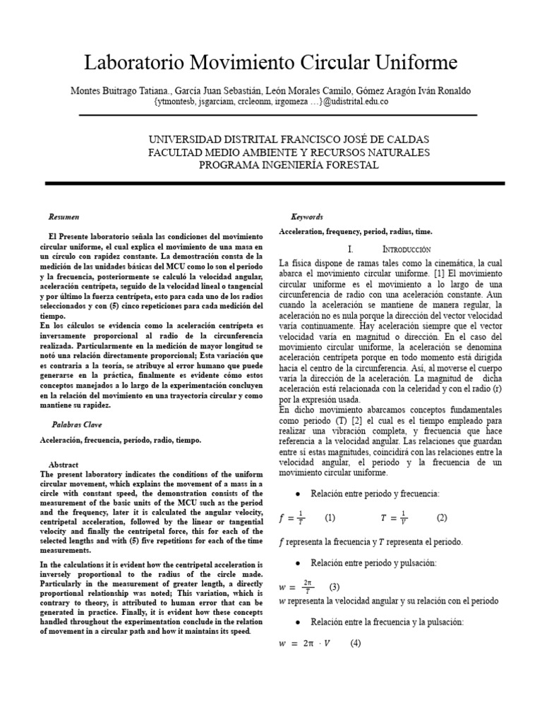 Laboratorio Movimiento Circular Uniforme | PDF | Velocidad | Aceleración