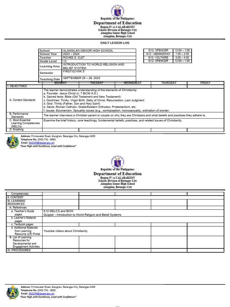 Week-5 - DLL - World Religion | PDF | Christian Denomination | Trinity