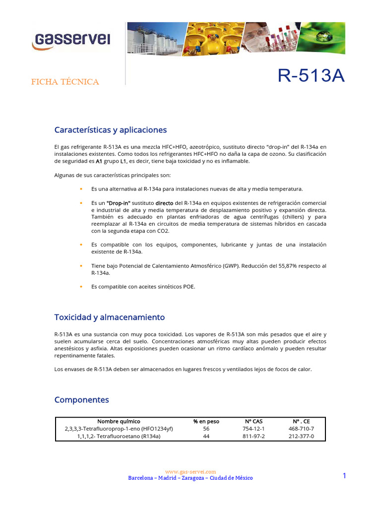 Ficha Técnica del Refrigerante R-513A | PDF | Materiales | Cantidades ...