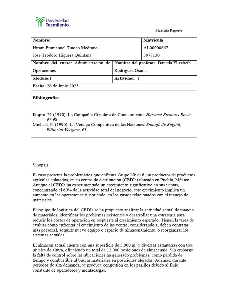 Actividad 1 (Administracion de Operaciones) | PDF | Planificación | Business