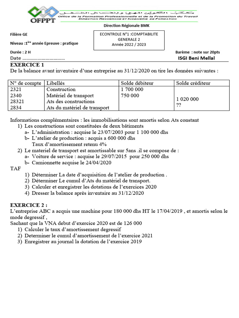 Examen Pratique: Amortissements et Comptabilité | PDF | Finance et gestion monétaire