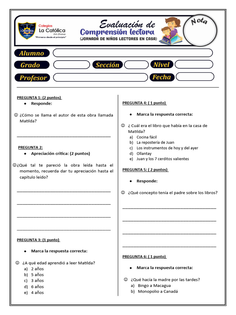 Examen de Lectura - 4to Grado | PDF