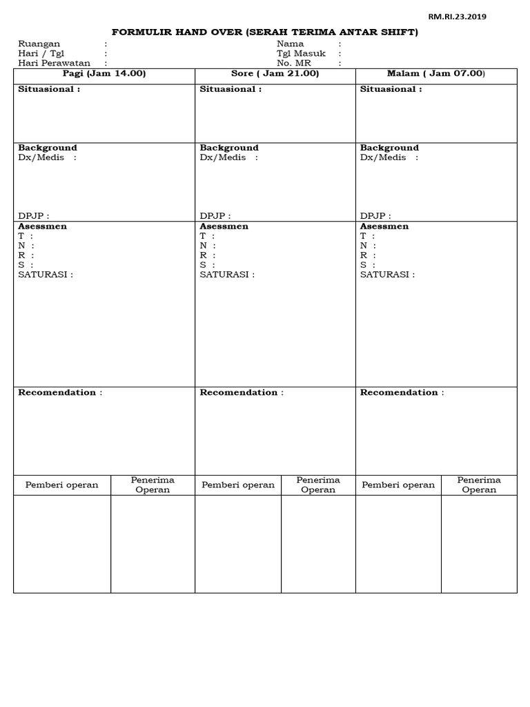 Contoh Form Handover Perawat | PDF
