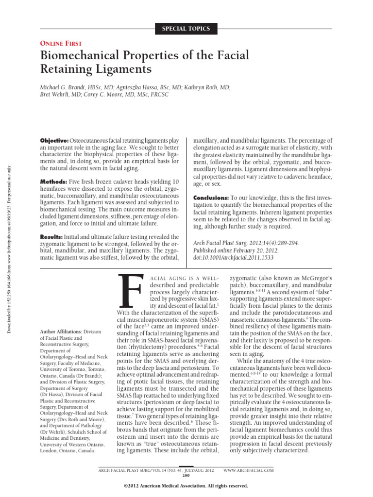 Biomechanical Properties of The Facial Retaining Ligaments | PDF | Anatomy Biomechanical Properties of The Facial Retaining Ligaments | PDF | Anatomy