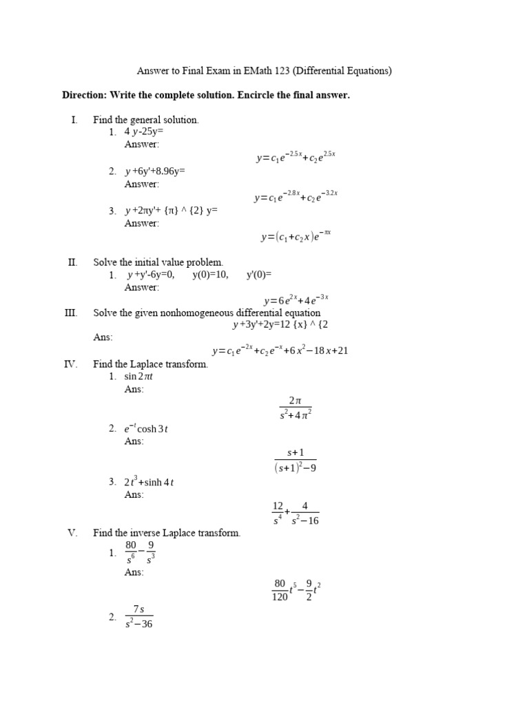 Final Exam Solutions: Differential Equations | PDF