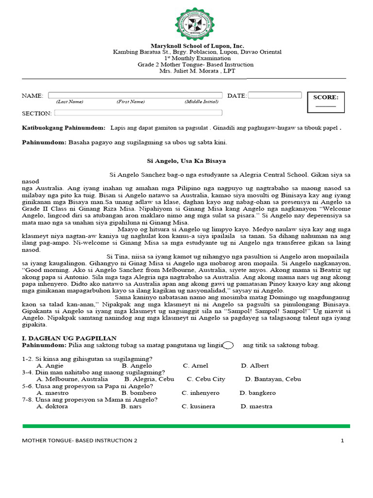Grade-2 MTB 1st Monthly Exam | PDF