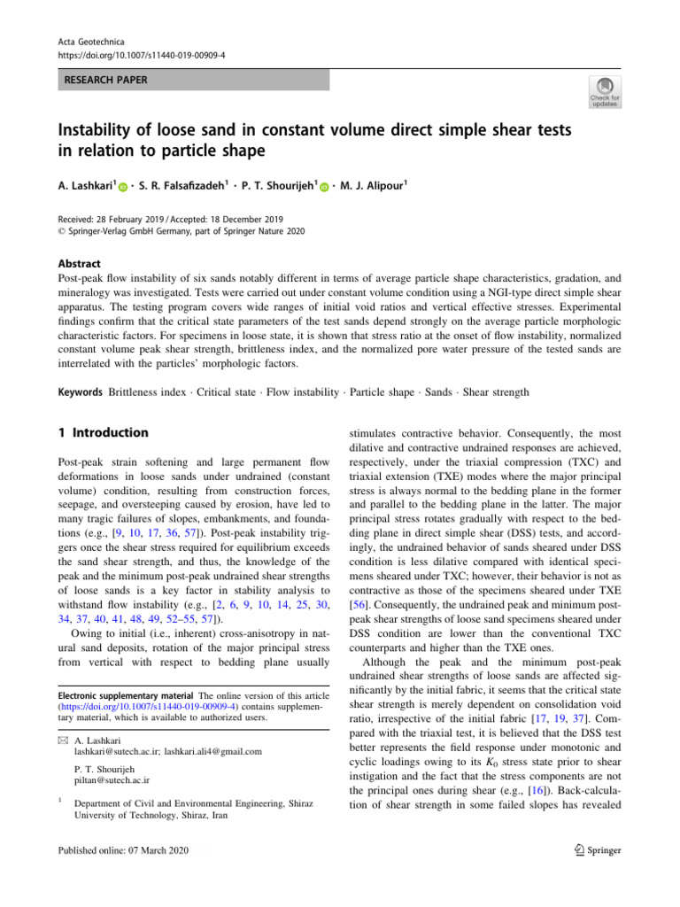 Instability of Loose Sand in Constant Volume Direct Simple Shear Tests ...