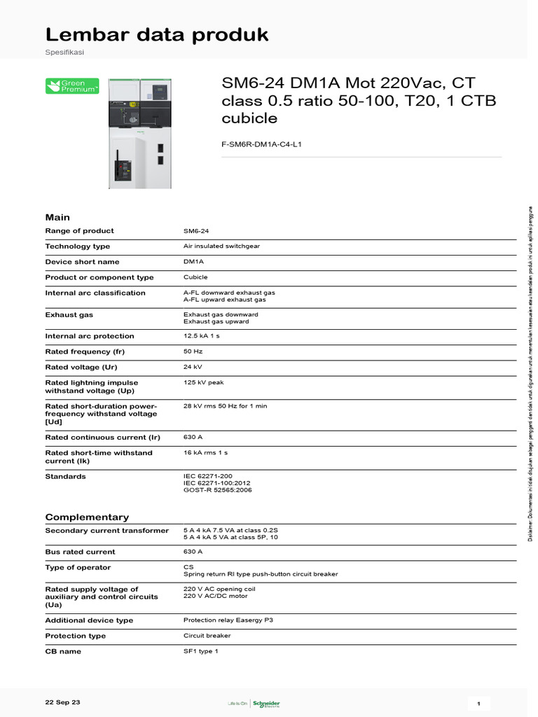 Lembar Data Produk: SM6-24 DM1A Mot 220vac, CT Class 0.5 Ratio 50-100, T20, 1 CTB Cubicle | PDF ...