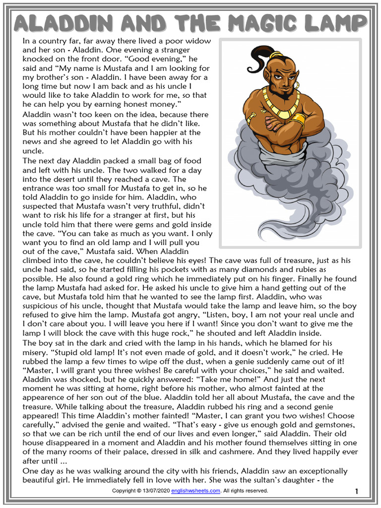 Aladdin and The Magic Lamp Esl Printable Fairy Tale Reading Text For ...