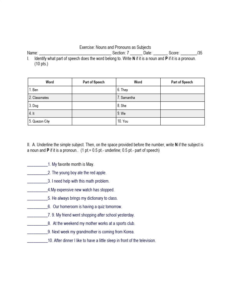 Drills Sentence Parts - Noun and Pronoun | PDF