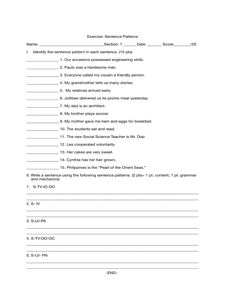 English 7 Sentence Patterns Exercise | PDF | Career & Growth | Art