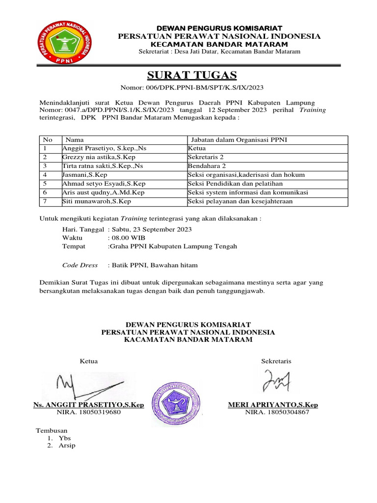 Surat Perintah Tugas DPK PPNI Bandar Mataram | PDF