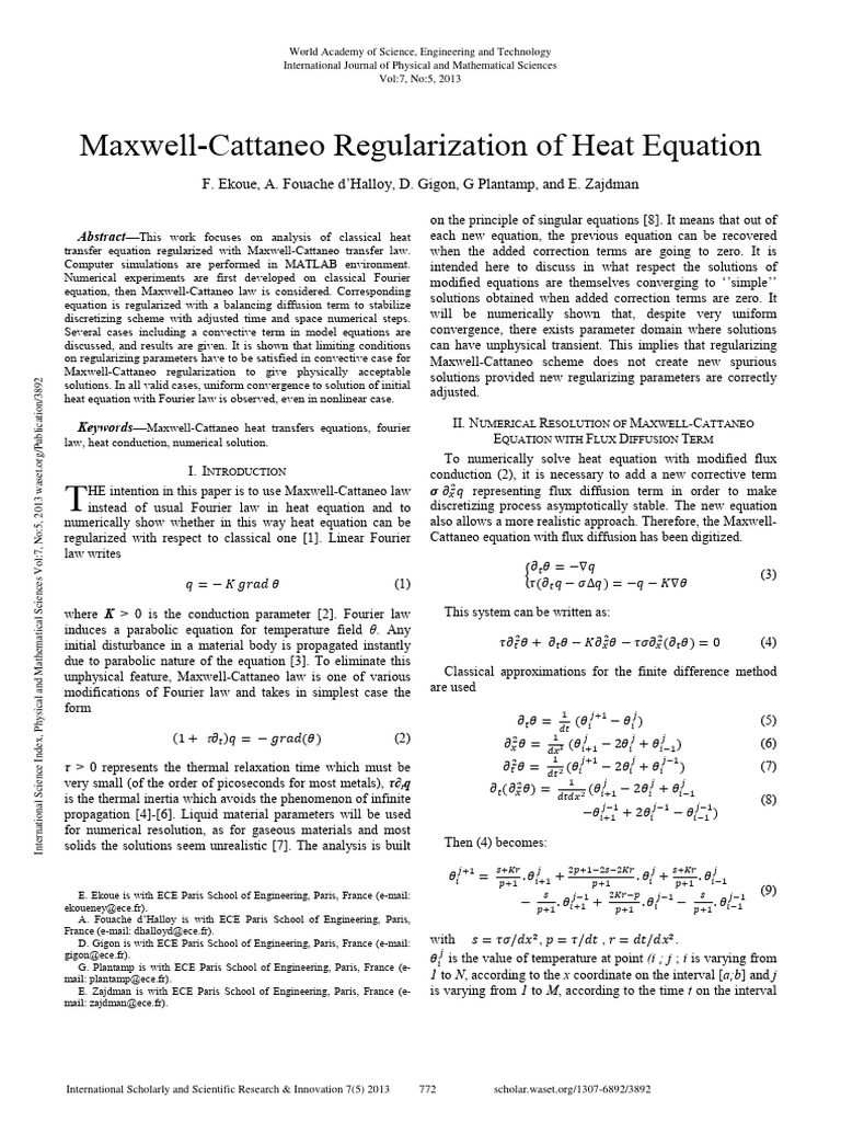 Maxwel-Cattaneeo Regularization Heat Equation | PDF | Equations | Waves