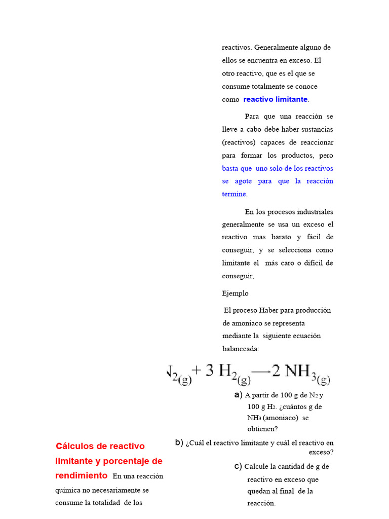 Cálculos de Reactivo Limitante y Porcentaje de Rendimiento | PDF