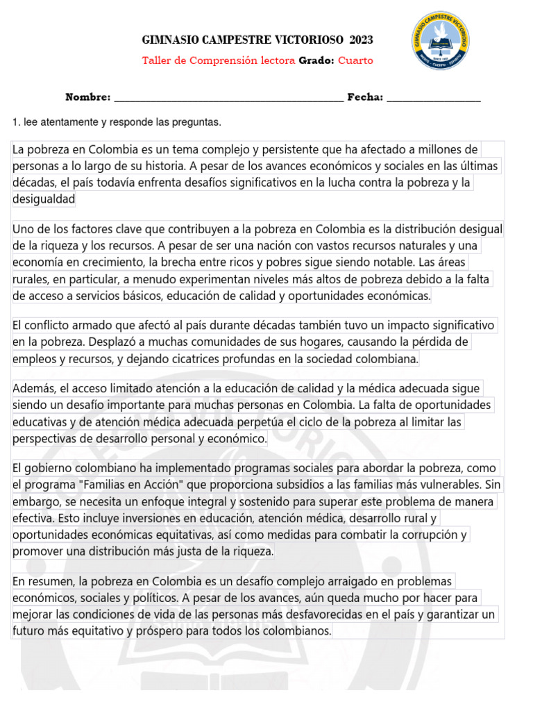 Taller de Comprensión Lectora: Pobreza en Colombia | PDF | Pobreza ...