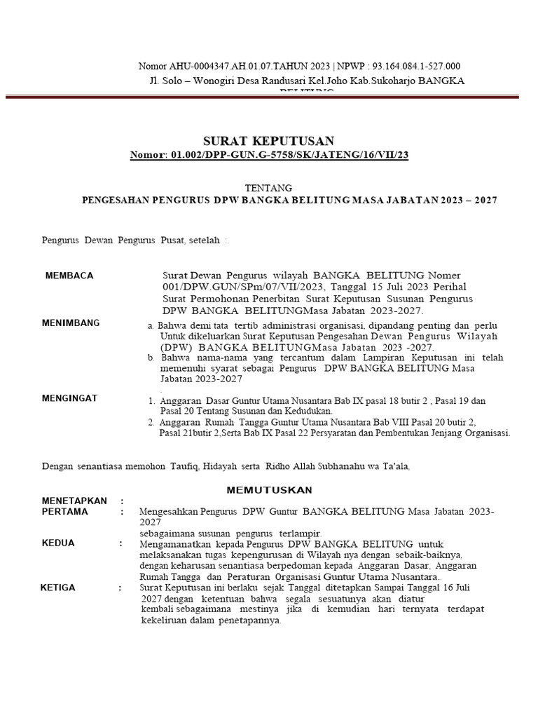 SK DPW BANGKA BELITUNG 02-2 | PDF