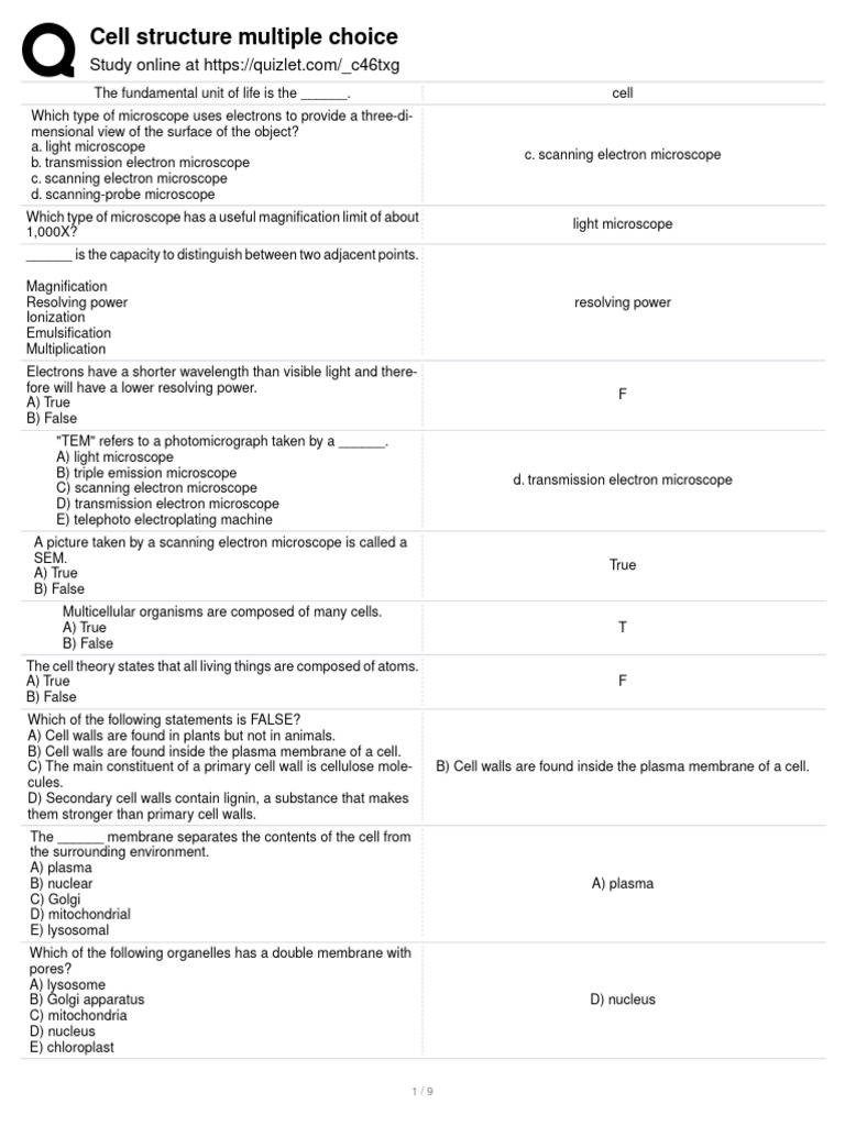 Cell Structure and Function Mcqs | PDF