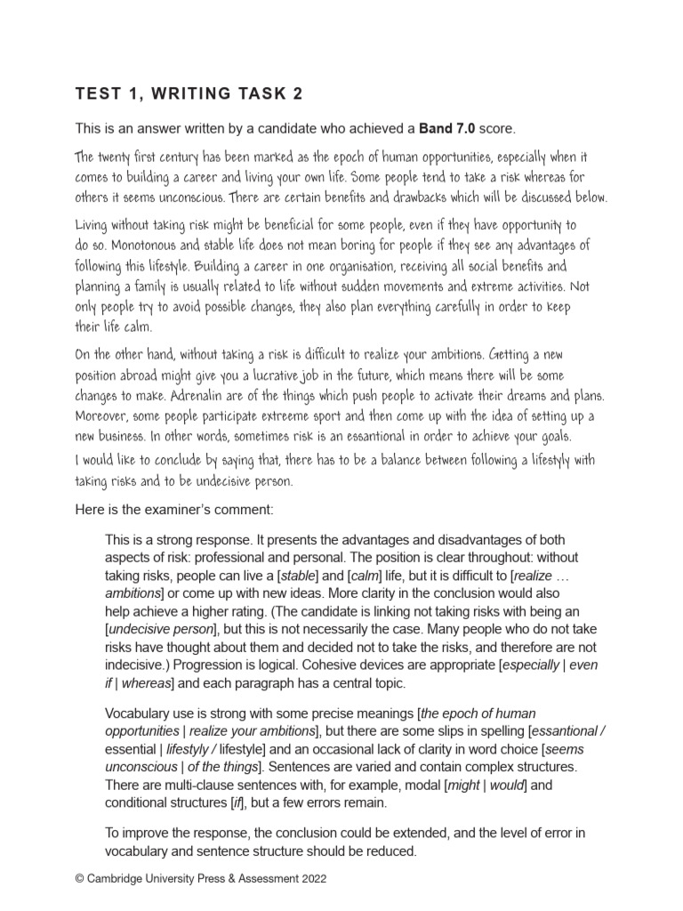 IELTS17AC - Test 1 Task 2 Sample Answer (Band 7.0) | PDF | Risk | Cognition