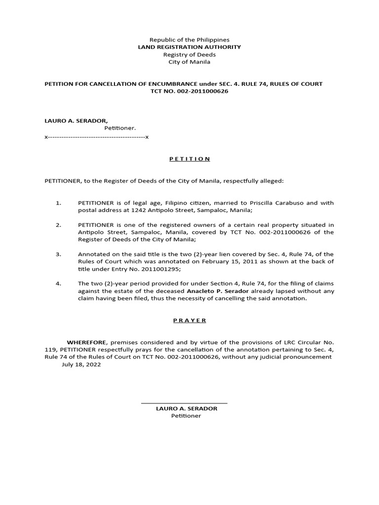 Petition to Cancel Encumbrance TCT 002-2011000626 | PDF | Environmental ...