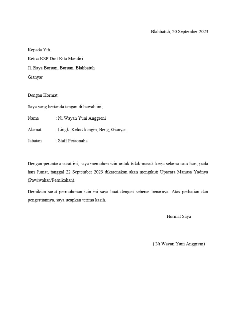 Surat Ijin Tidak Masuk Kerja | PDF