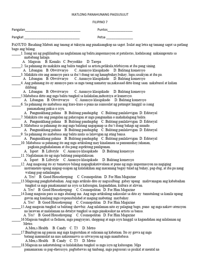 IKATLONG PANAHUNANG PAGSUSULIT g8 2023-24 | PDF