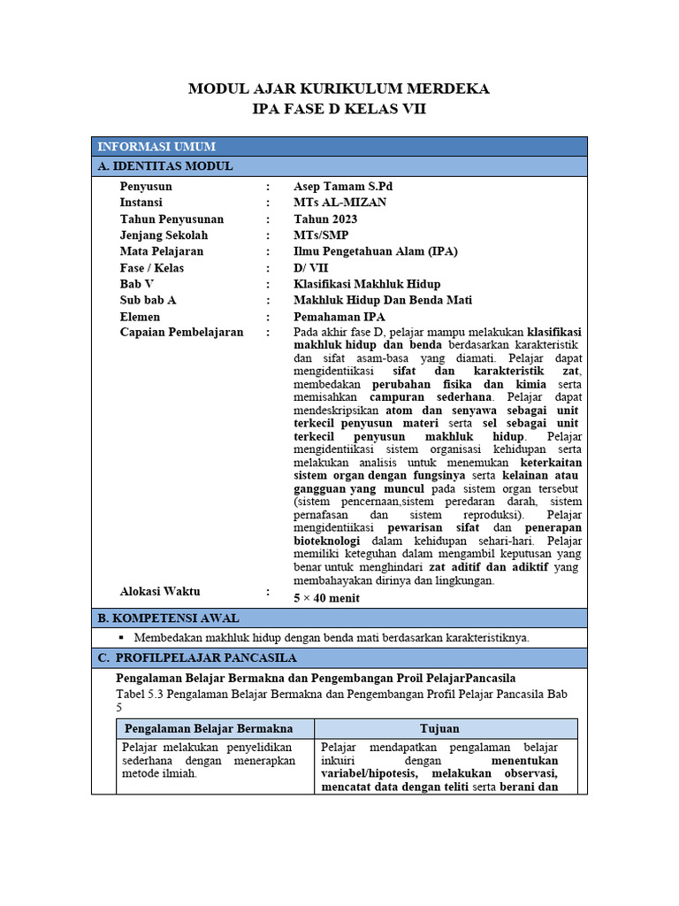 Modul Ajar Ipa Kurmer Fase D Kelas Vii | PDF | Ilmu Sosial | Kesehatan Holistik