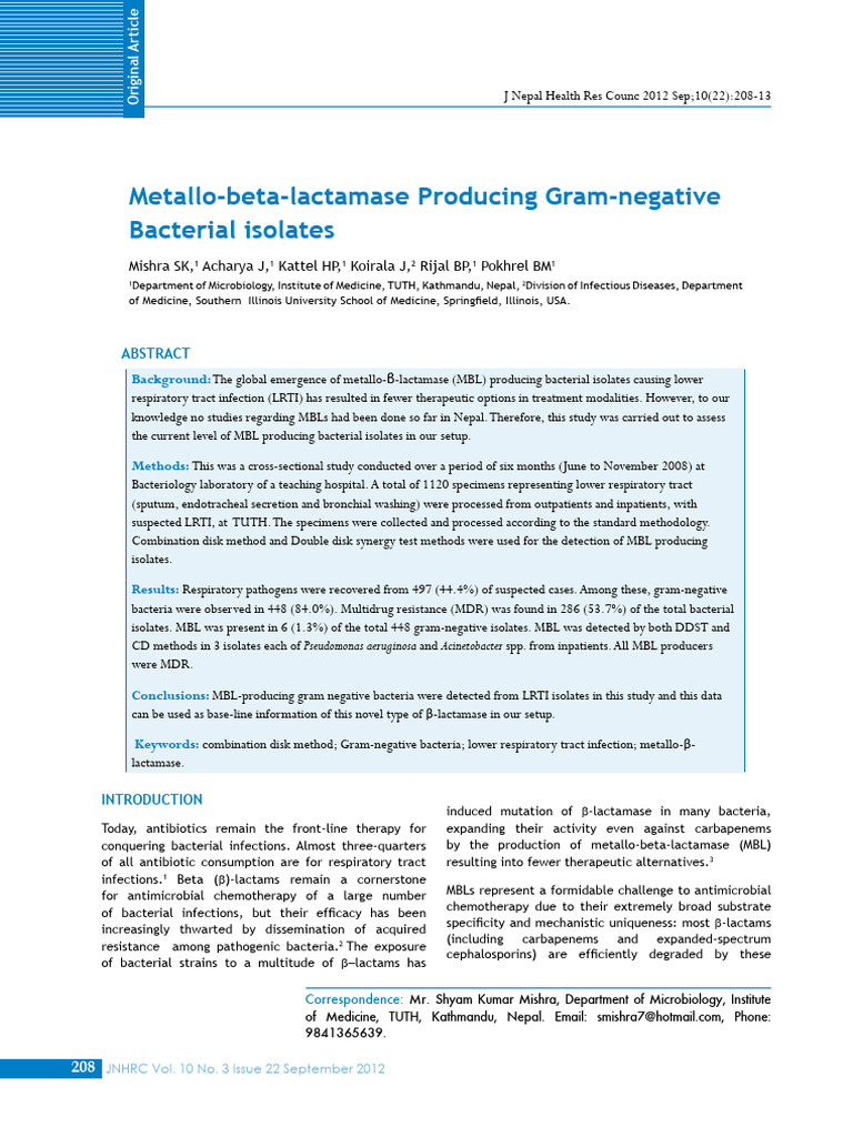 Metallo-Beta-Lactamase Producing Gram-Negative Bacterial Isolates | PDF ...