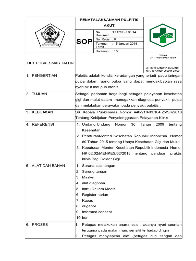 Sop Penatalaksanaan Pulpitis Akut | PDF