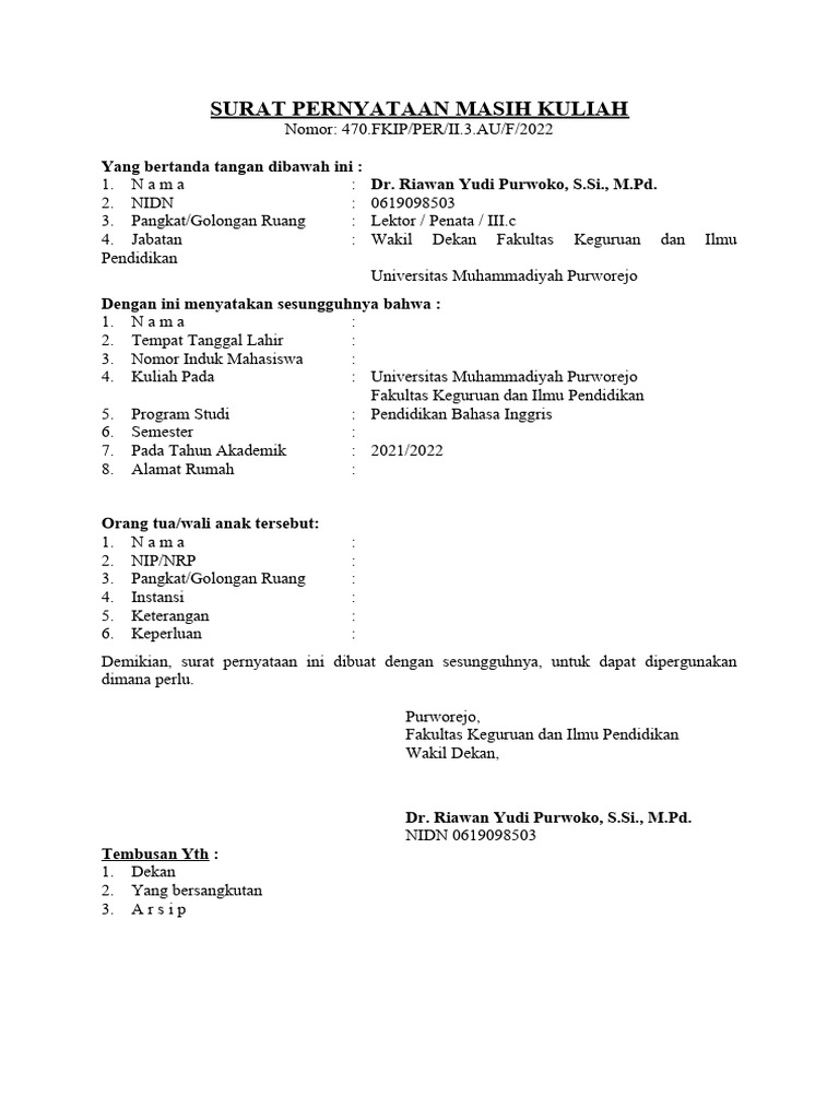 Formulir Surat Ket Masih Kuliah | PDF